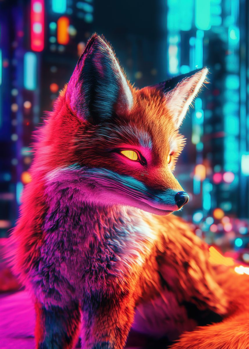 'Neon Fox in Cityscape' Poster, picture, metal print, paint by | Displate