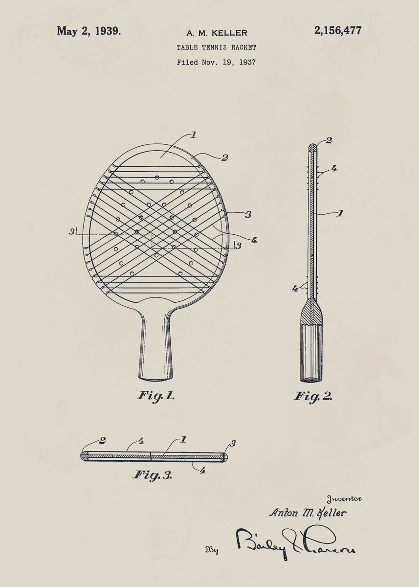 'Table Tennis Racket Patent' Poster, picture, metal print, paint by ...