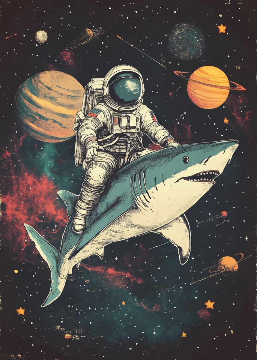 'shark space astronaut' Poster, picture, metal print, paint by PARADOX ...