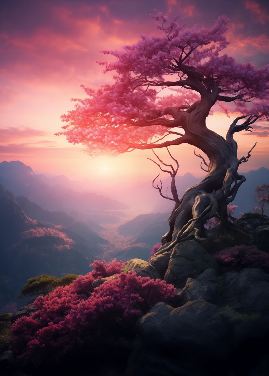 'Pink Blossom Tree on Mountaintop' Poster, picture, metal print, paint ...