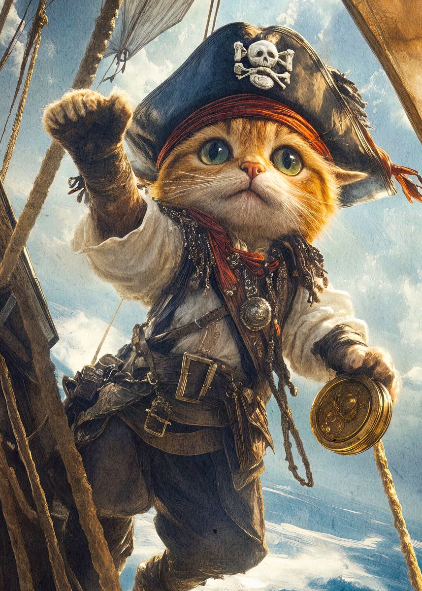 'Pirate Cat Compass' Poster, picture, metal print, paint by Inaaya ...