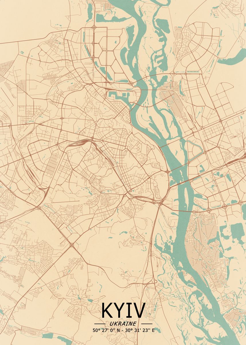 'Kyiv Vintage Map' Poster, picture, metal print, paint by DesignerMind ...