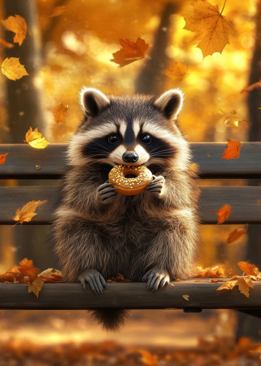 'Raccoon Eating Donut in Autumn' Poster, picture, metal print, paint by ...