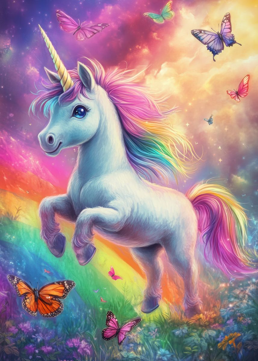 'Rainbow Unicorn with Butterflies' Poster, picture, metal print, paint ...