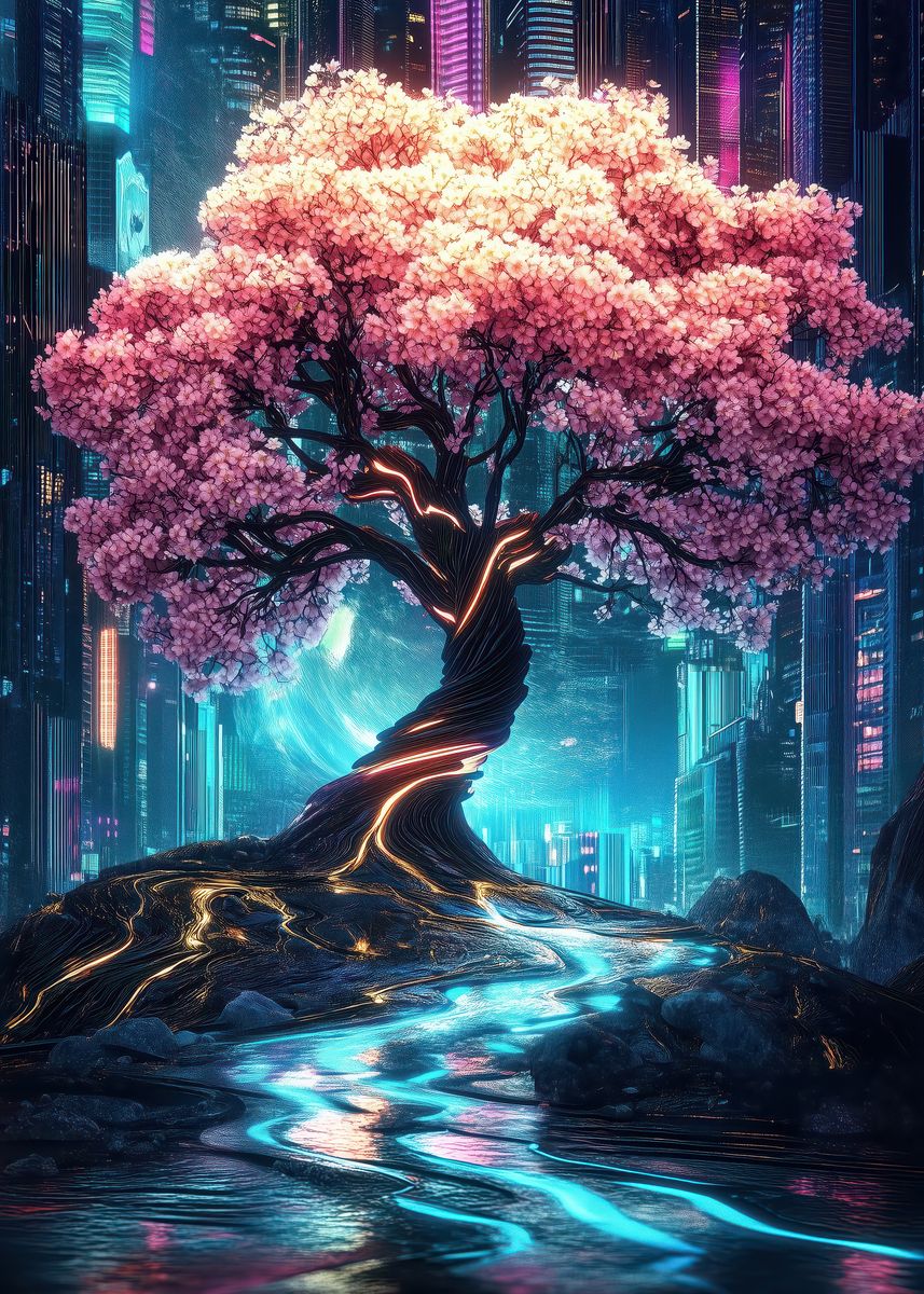 'Cyberpunk Cherry Blossom Tree' Poster, picture, metal print, paint by ...