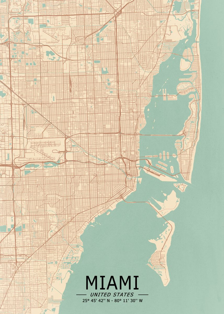 'Miami Vintage Map' Poster, picture, metal print, paint by DesignerMind ...
