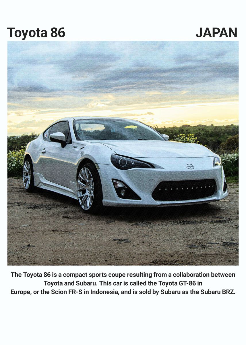 'White Toyota 86 Sports Car' Poster, picture, metal print, paint by ...
