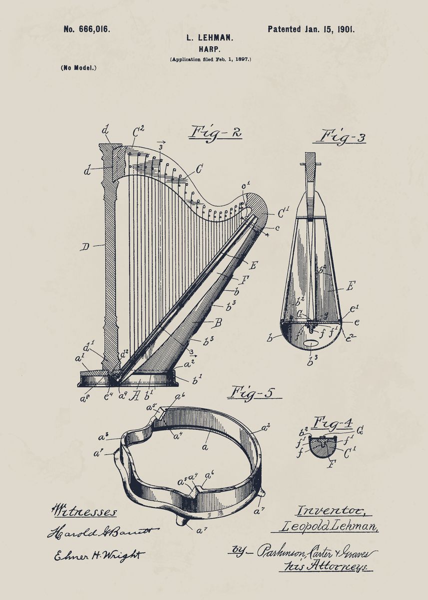 'Harp Patent Drawing' Poster, picture, metal print, paint by ...