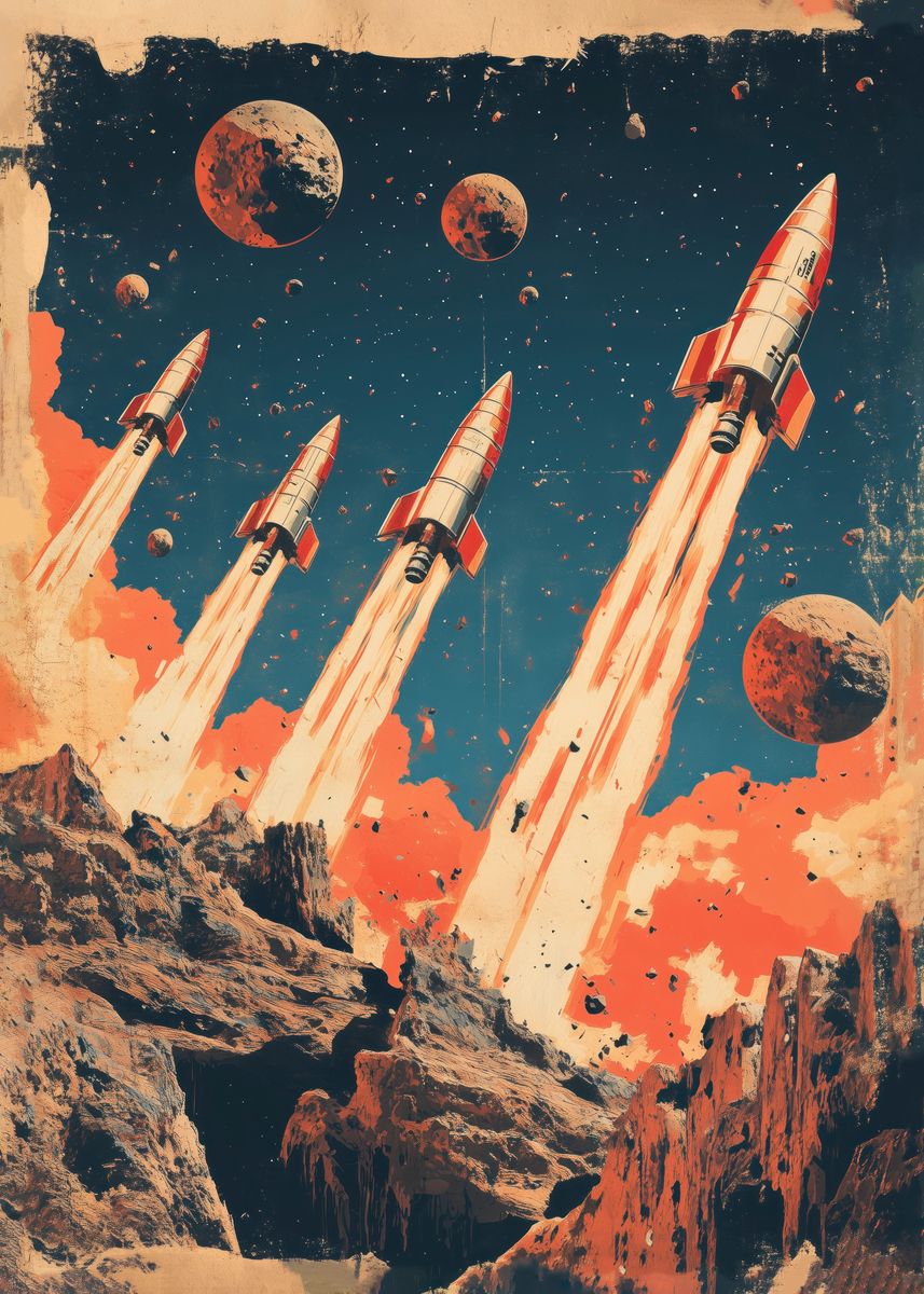 'Retro Space Rockets' Poster, picture, metal print, paint by Usama ...