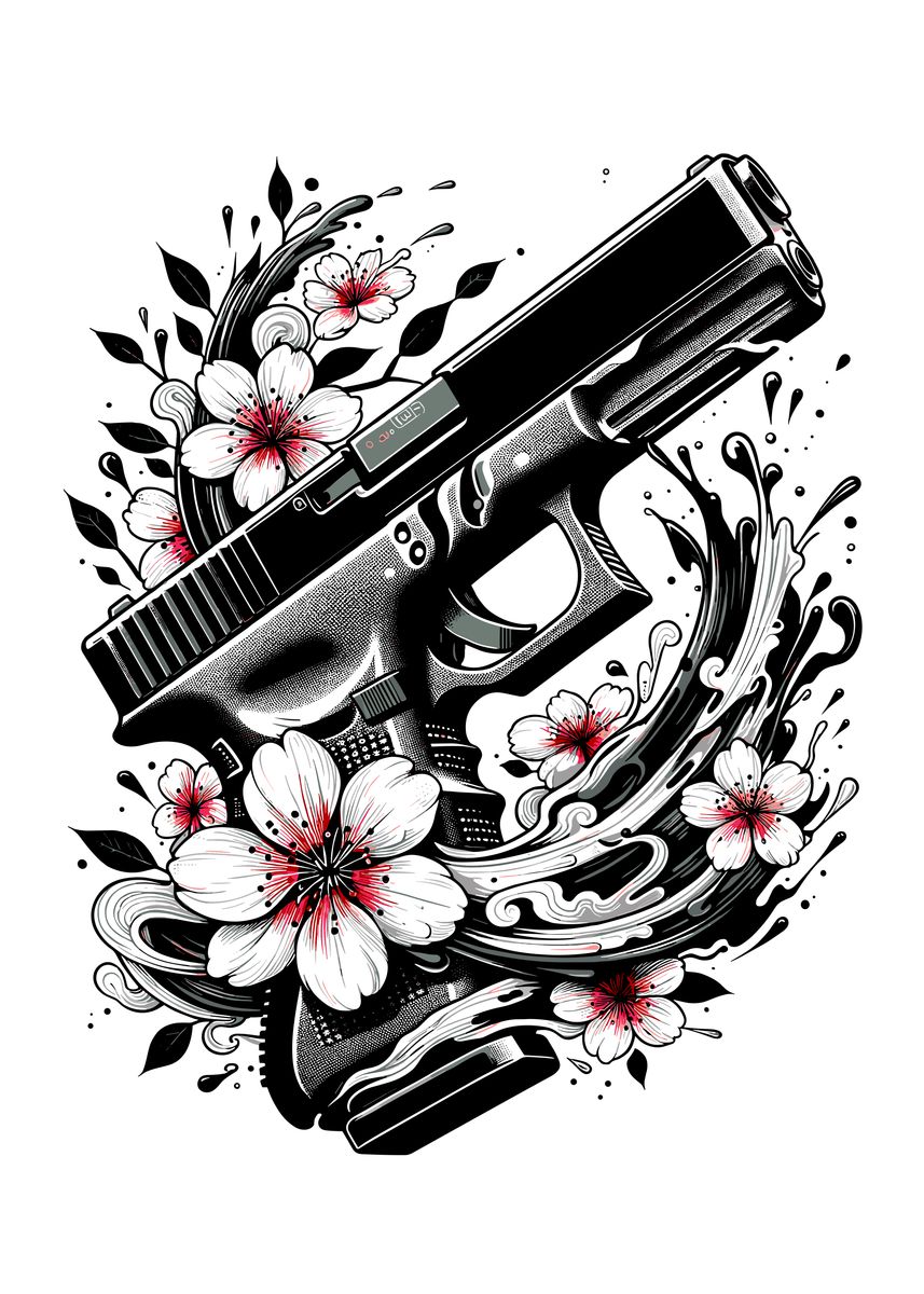 'gun Glock 17 & Cherry Blossoms' Poster, picture, metal print, paint by ...
