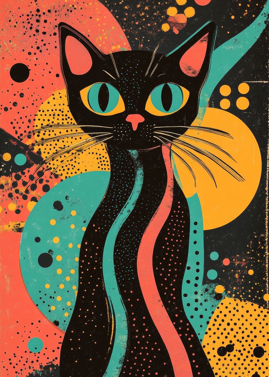 'Retro Cat Art Print | Vibrant Black Cat | Bold Abstract Pop Art Print ...