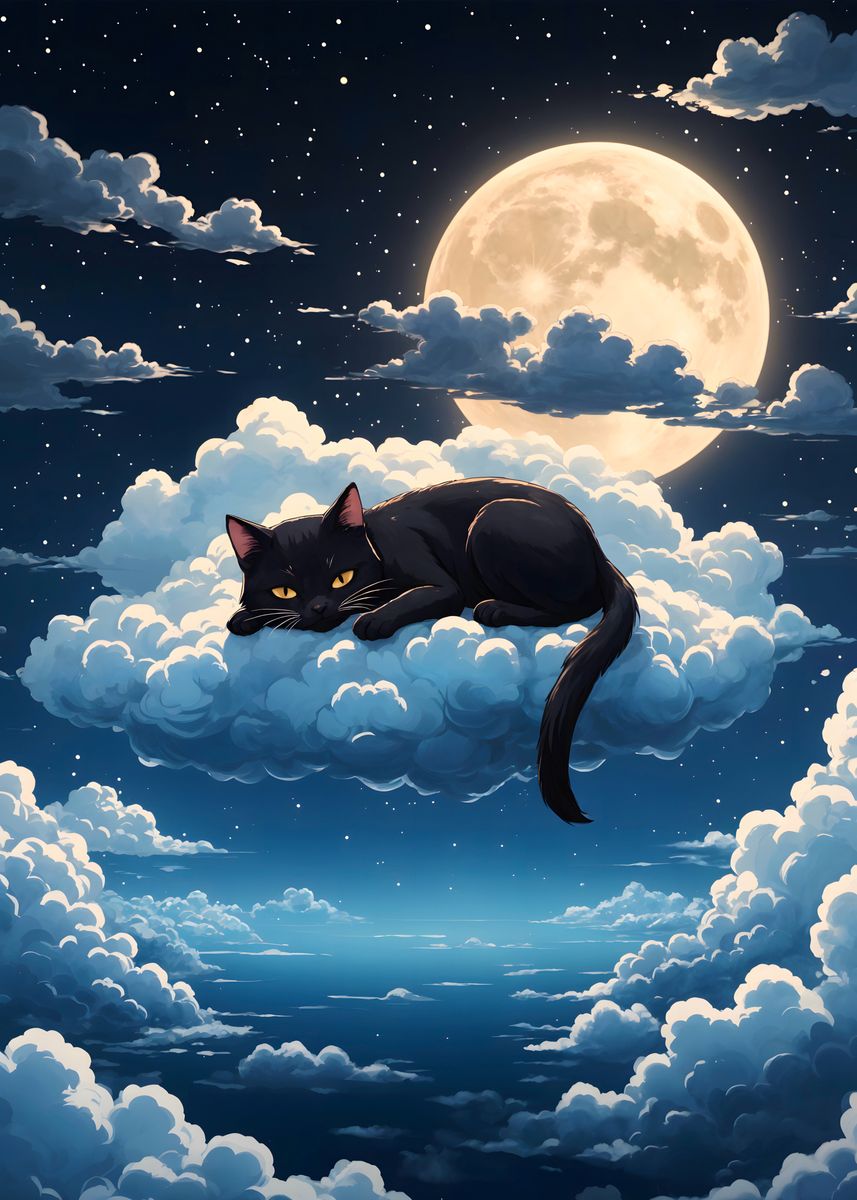 'Black Cat Cloud Moon' Poster, picture, metal print, paint by Illust ...
