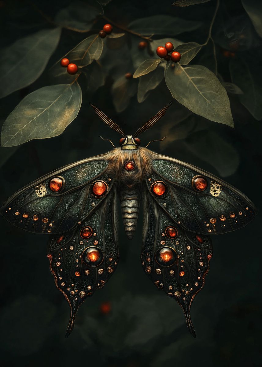 'Jeweled Moth of the Enchanted Forest' Poster, picture, metal print ...
