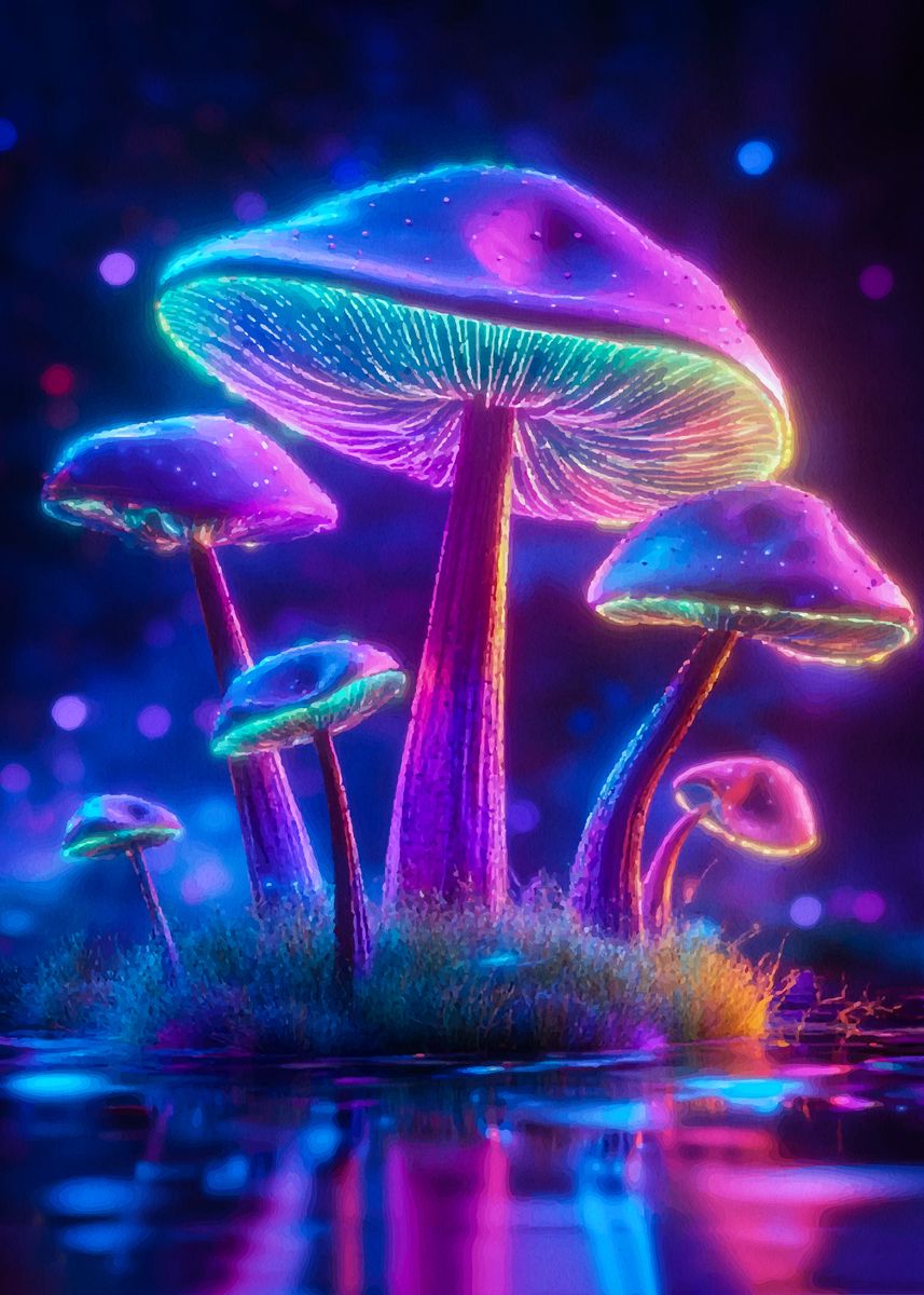 'Neon Glow Mushrooms' Poster, picture, metal print, paint by ...