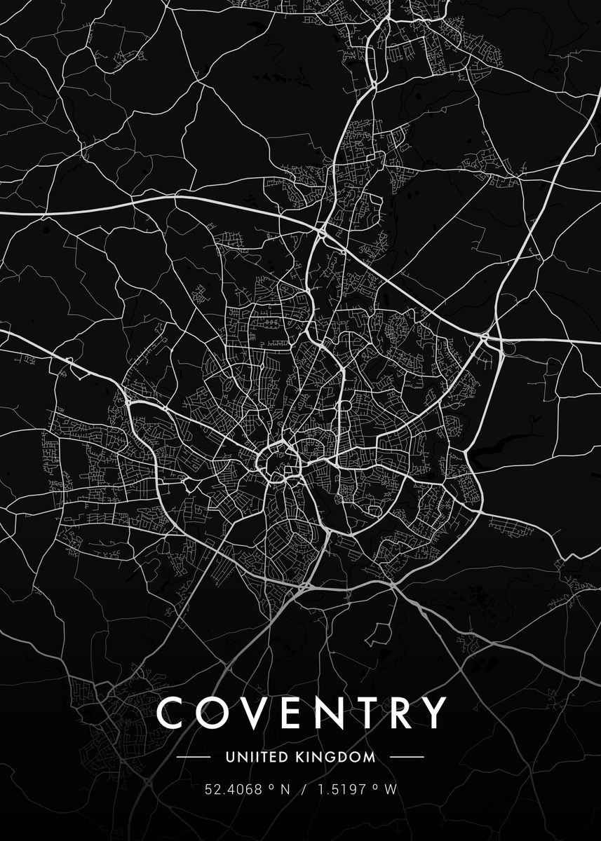 'Coventry City Map Dark' Poster, picture, metal print, paint by MVDZ ...