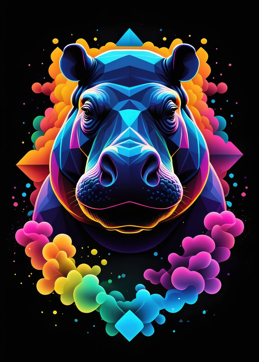 'Neon Hippo' Poster, picture, metal print, paint by vieninsweden | Displate