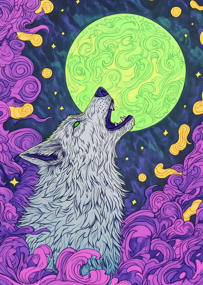 'Wolf Howling at the Moon' Poster, picture, metal print, paint by ...