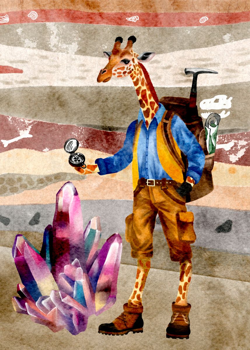 'Giraffe Geologist with Crystals' Poster, picture, metal print, paint ...