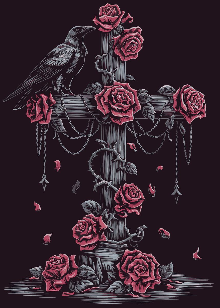 'Gothic Raven and Roses Cross' Poster, picture, metal print, paint by ...