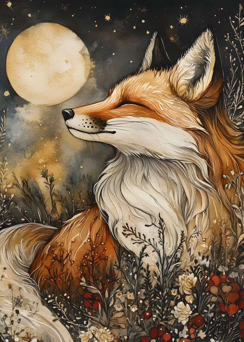 'Fox Under Moonlight' Poster, picture, metal print, paint by Pharadi ...