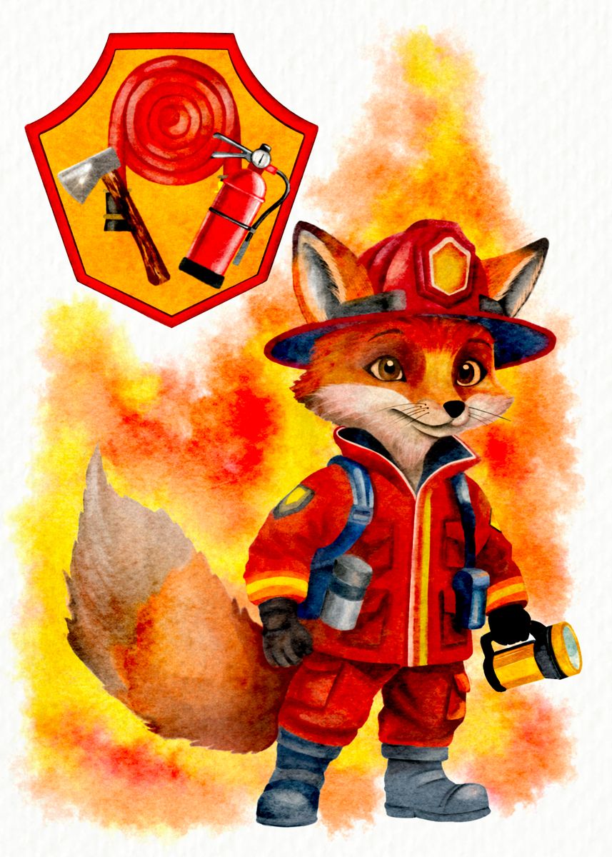'Firefighter Fox' Poster, picture, metal print, paint by Olena Lazebna ...