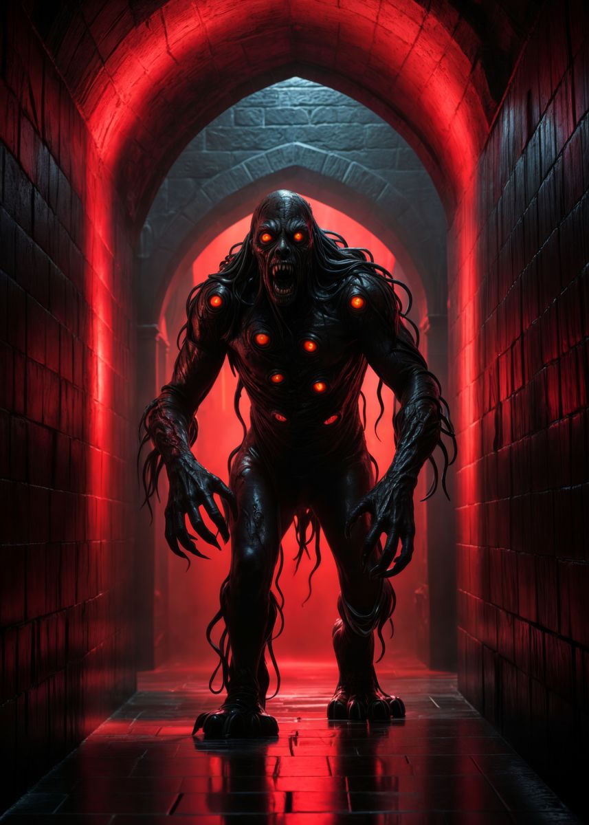 'Horror Monster in Red Hallway' Poster, picture, metal print, paint by ...