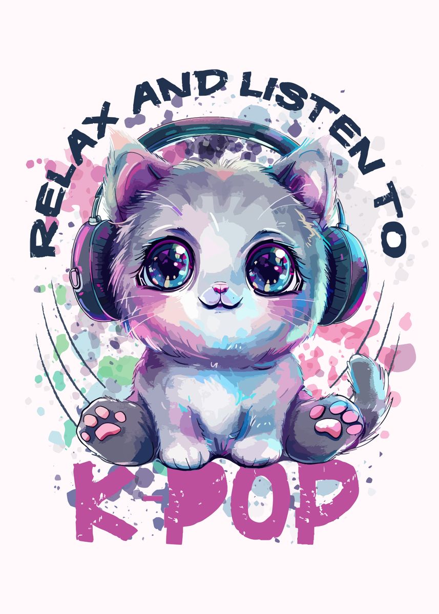 'Kpop Cat with Headphones' Poster, picture, metal print, paint by ...