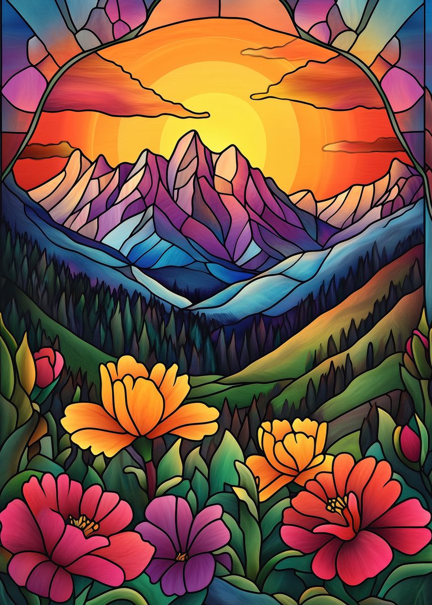 'Mountain Sunset Stained Glass' Poster, picture, metal print, paint by ...