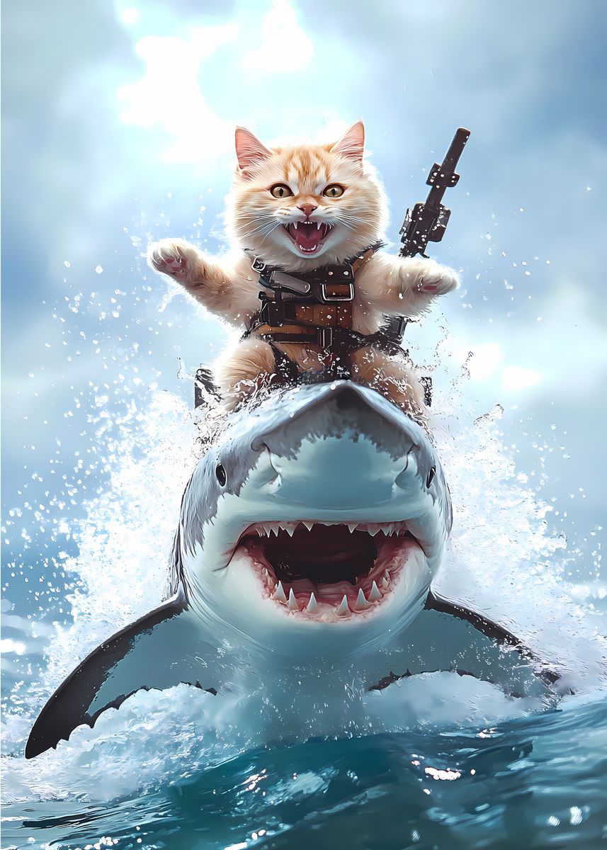 'Cat Riding Shark' Poster, picture, metal print, paint by Jay | Displate