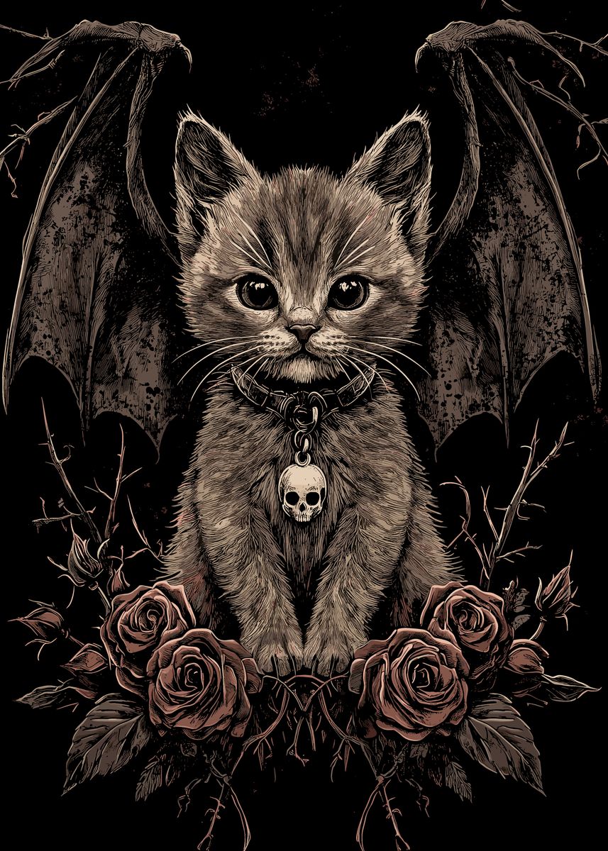 'Dark Gothic Kitten with Wings' Poster, picture, metal print, paint by ...