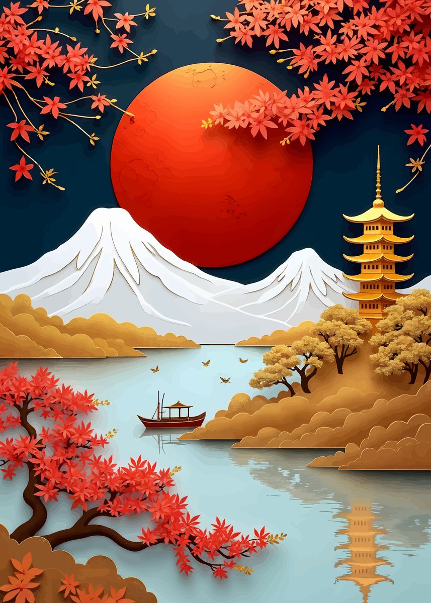 'Red Moon Japan' Poster, picture, metal print, paint by rtopo | Displate