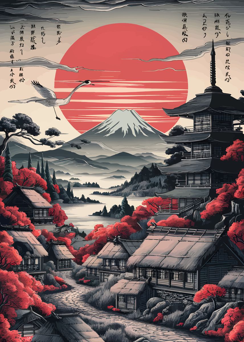 'Red Moon Japanese Village ' Poster, picture, metal print, paint by ...