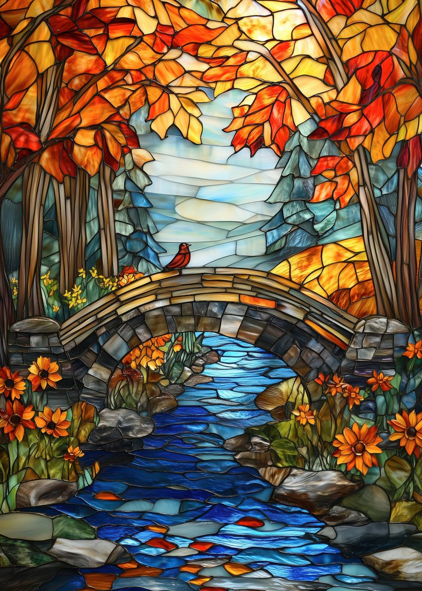 'Stained Glass Autumn Bridge' Poster, picture, metal print, paint by ...