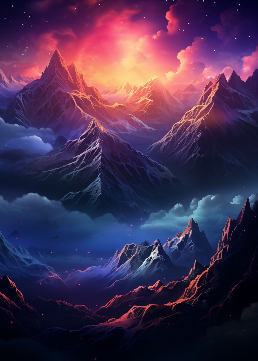 'Mountain Sunset Landscape' Poster, picture, metal print, paint by ...