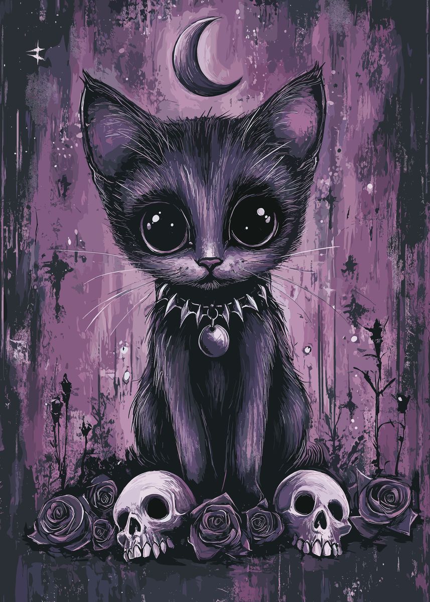 'Cute Gothic Kitten with Skulls' Poster, picture, metal print, paint by ...