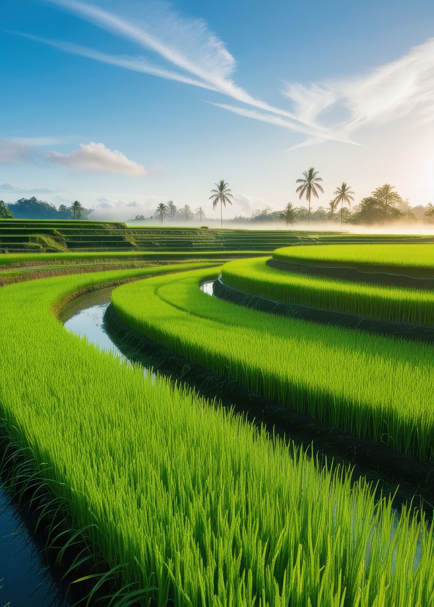 'Rice Paddy Field at Sunrise' Poster, picture, metal print, paint by ...