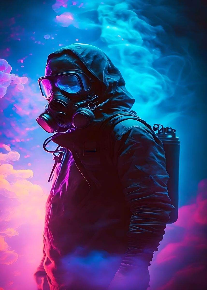 'Gas Mask Figure in Neon Light' Poster, picture, metal print, paint by ...