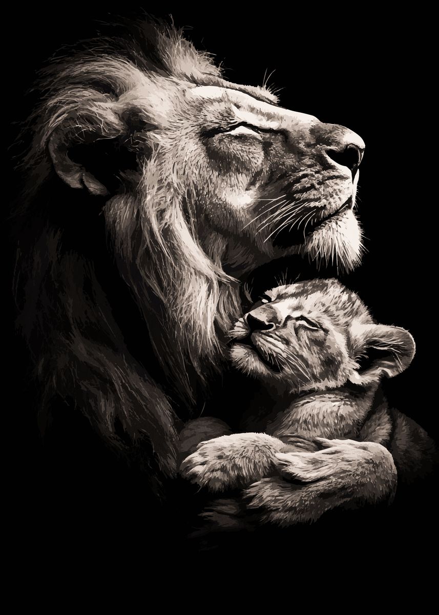 'Lion and Cub Embrace' Poster, picture, metal print, paint by ...