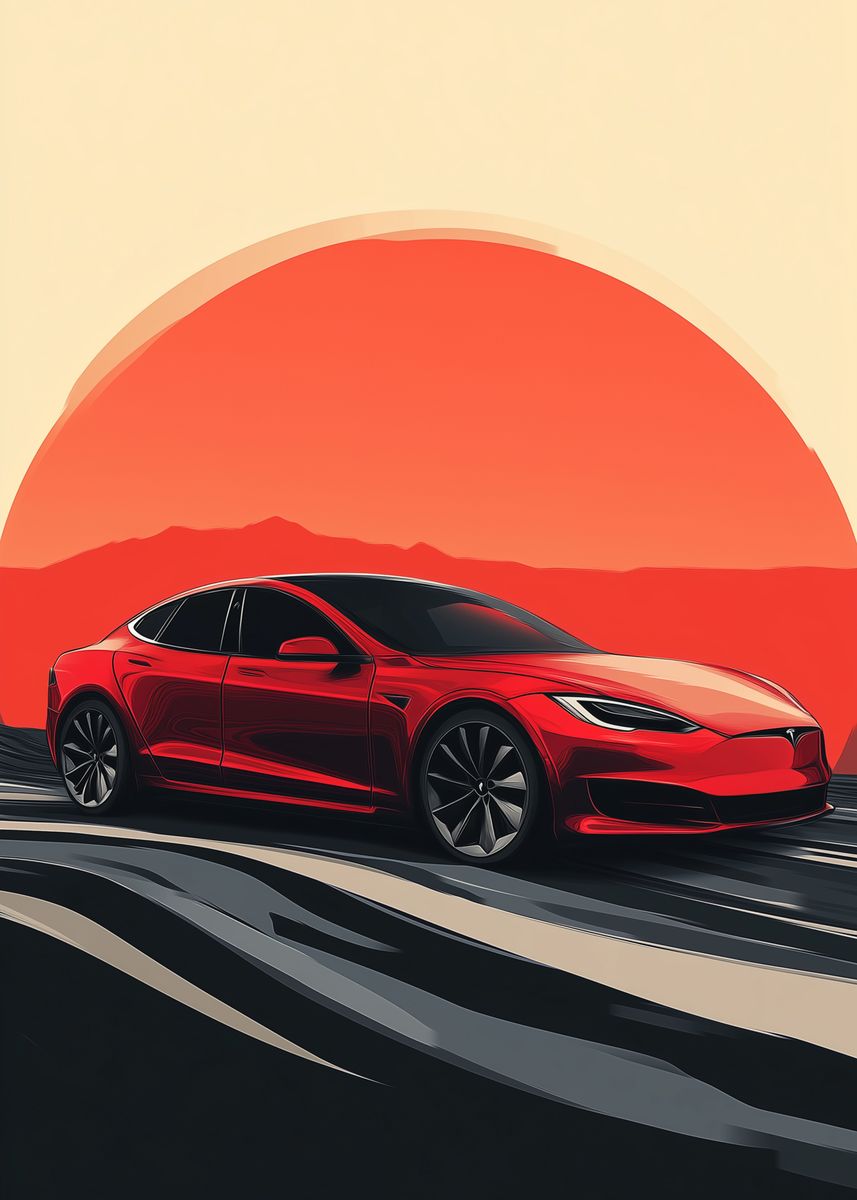 'Red Tesla Sunset' Poster, picture, metal print, paint by Lucie Alice ...