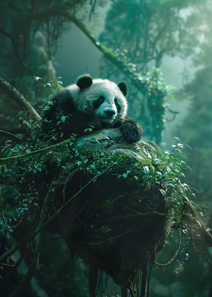 'Panda in Lush Forest' Poster, picture, metal print, paint by Karolina ...