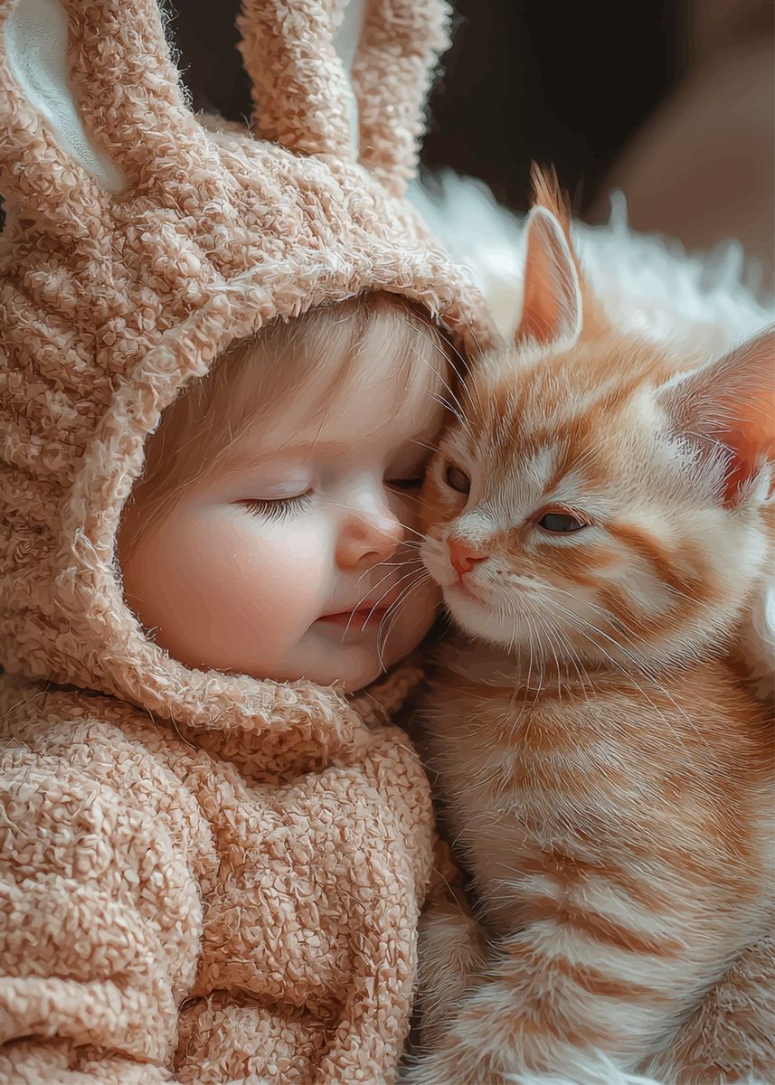 'Baby and Kitten Cuddle' Poster, picture, metal print, paint by ...