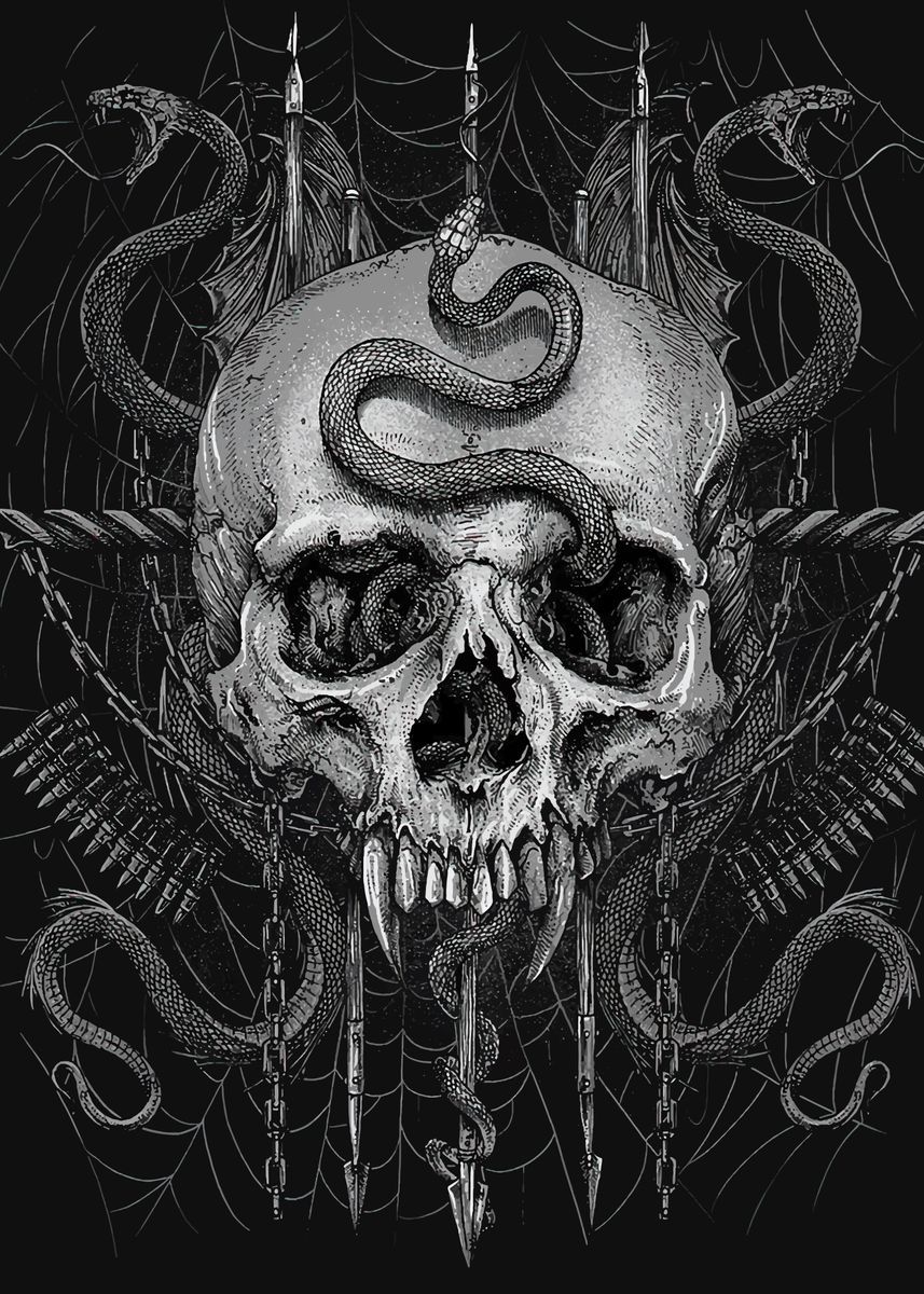 'Skull with Snakes and Spikes' Poster, picture, metal print, paint by ...