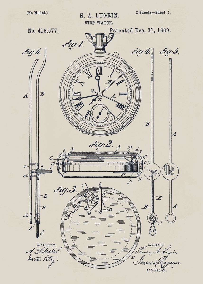 'Stop Watch Patent Illustration' Poster, picture, metal print, paint by ...