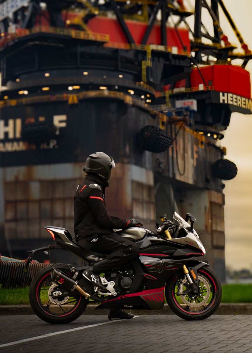 'Motorcycle at oil rig, on cfmoto 450sr' Poster, picture, metal print ...