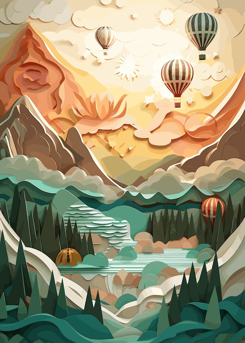 'Papercraft Mountain Landscape' Poster, picture, metal print, paint by ...