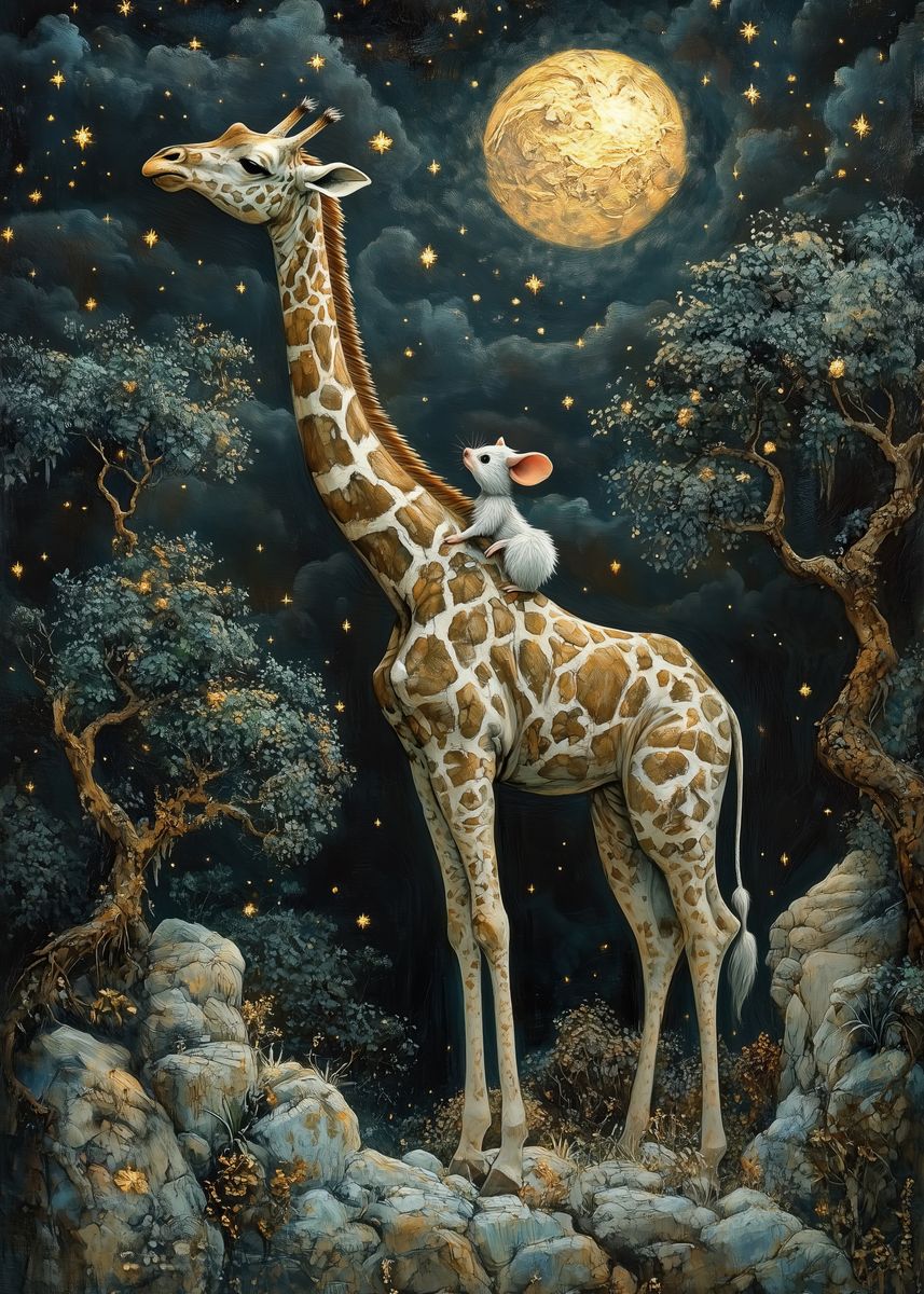 'Giraffe and Mouse Under Stars' Poster, picture, metal print, paint by ...