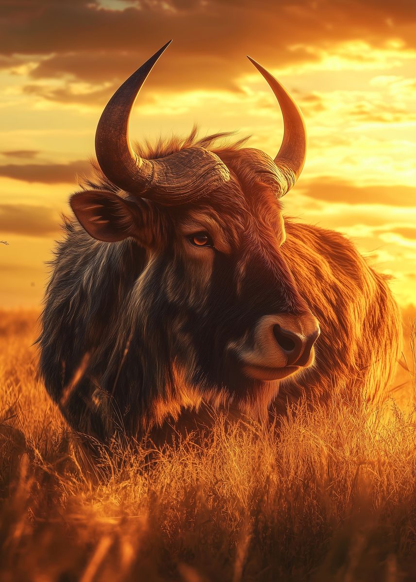 'Gnu at Sunset' Poster, picture, metal print, paint by Rawbin | Displate