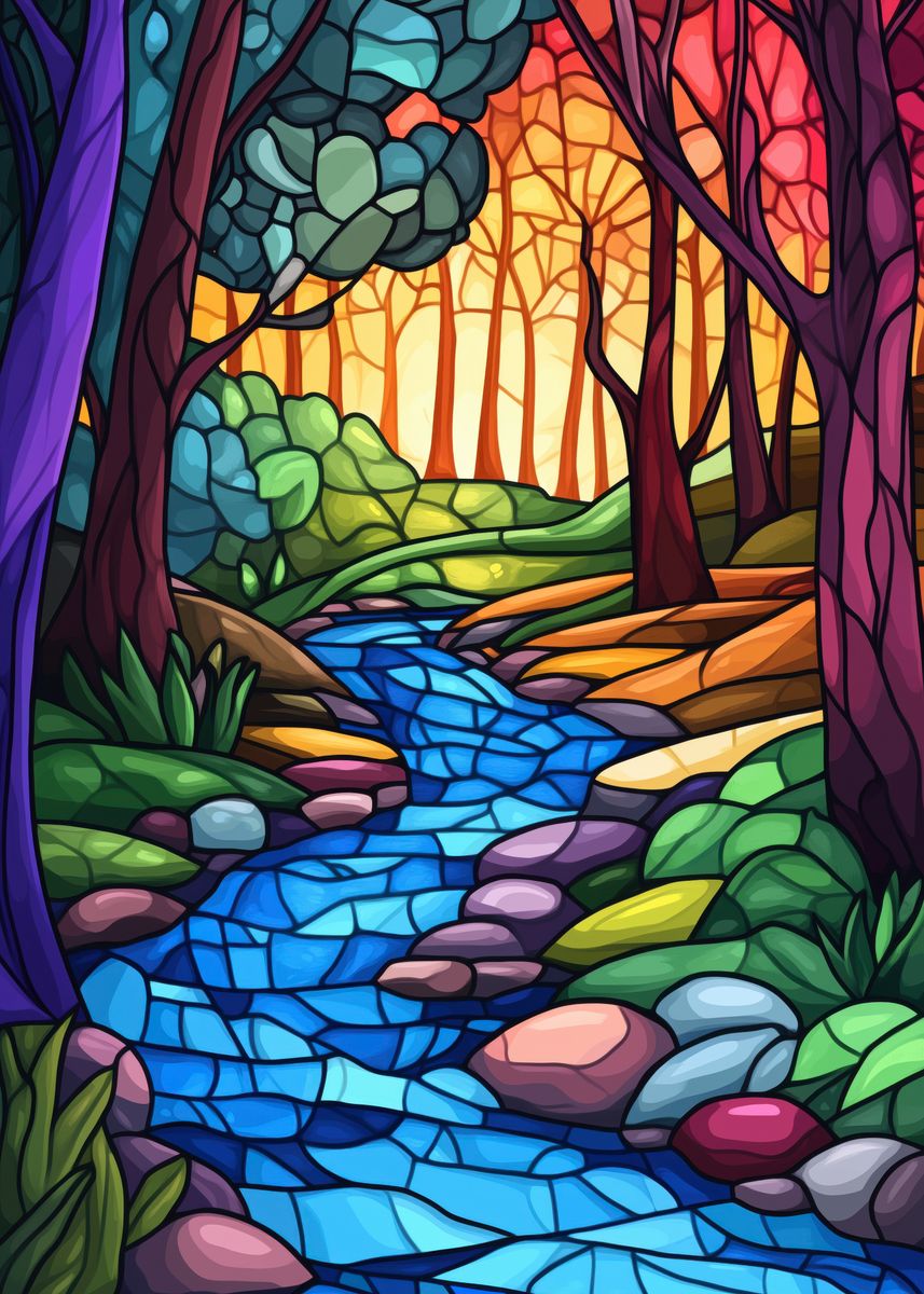 'Stained Glass Forest Stream' Poster, picture, metal print, paint by ...