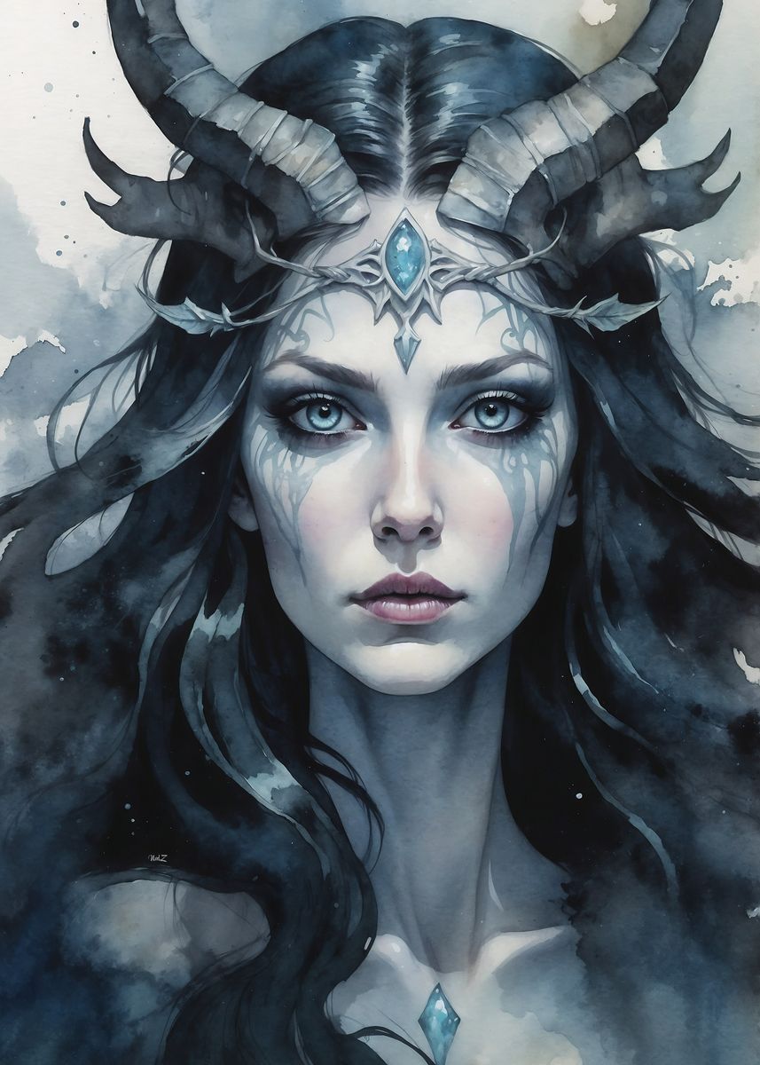 'Watercolor Demoness Portrait' Poster, picture, metal print, paint by ...