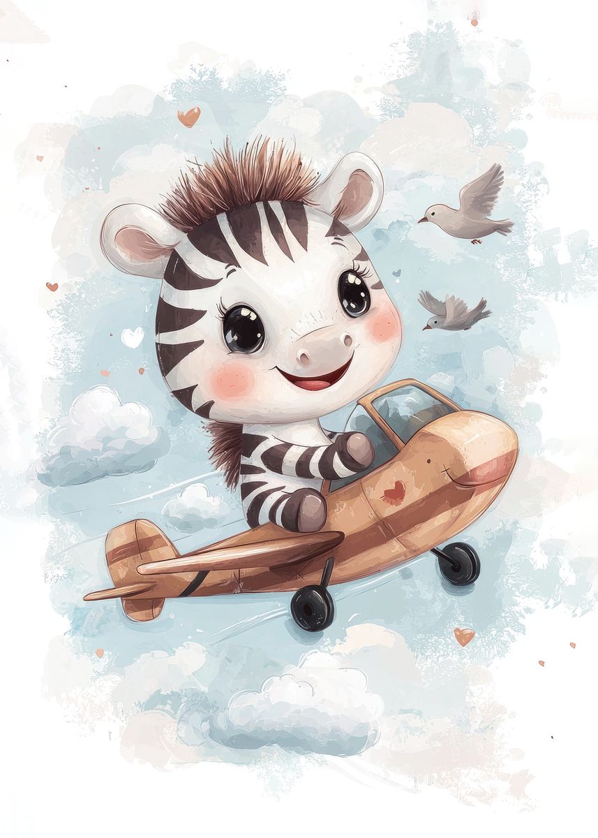 'Cute Zebra Flying Airplane' Poster, picture, metal print, paint by ...